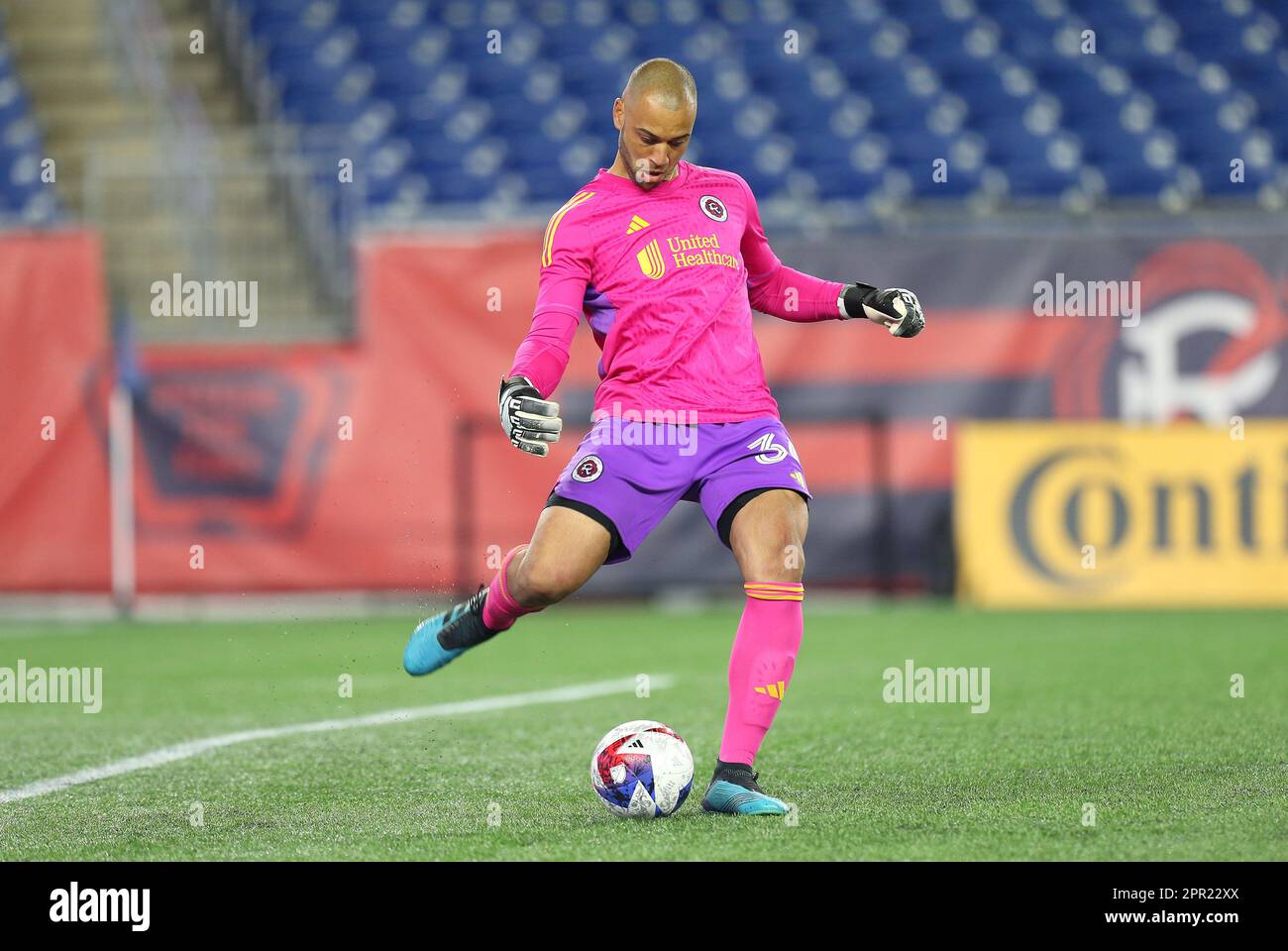 April 25, 2023; Foxborough, MA, USA; New England Revolution goalkeeper ...