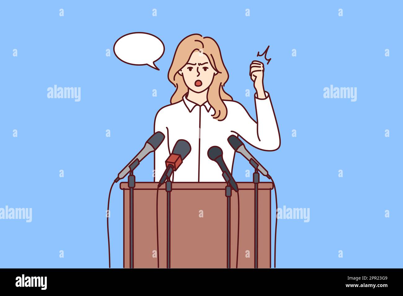 Woman politician speaks stands near wooden tribune with microphones and waving hand. Vector ...