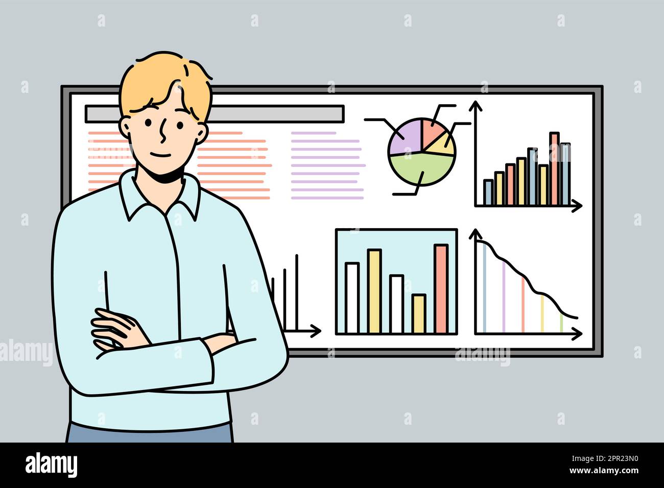 Man stands next to board for presentations with infographics Stock ... Man stands next to board for presentations with infographics Stock ...