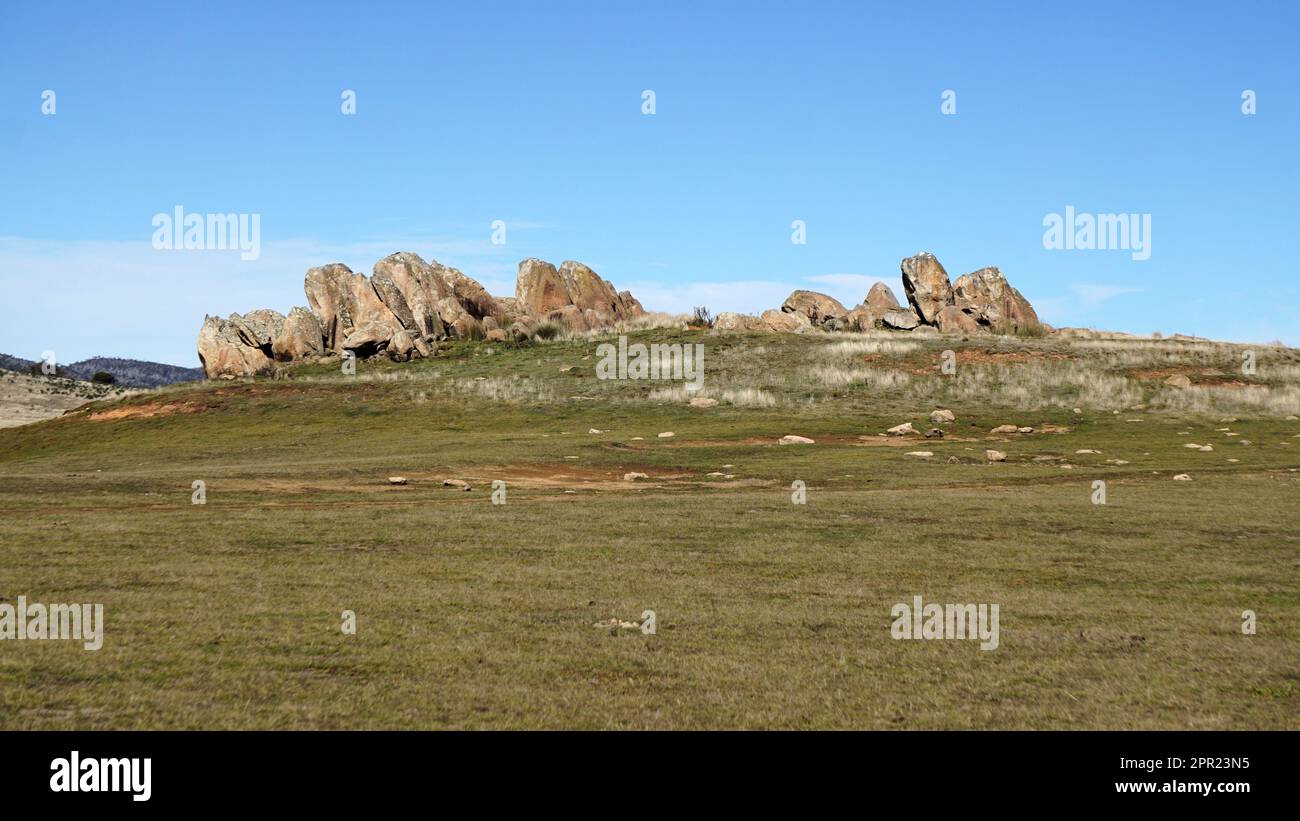 The land mark Batlow Rocks on the Long Plain Kosciuszko National Park ...