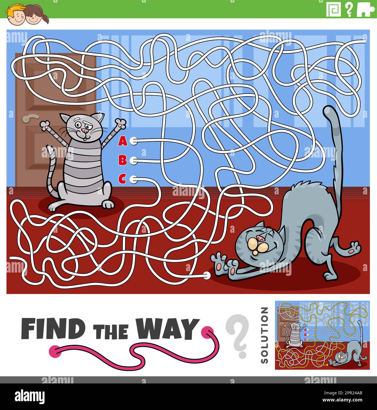Cartoon illustration of find the way maze puzzle game with funny cats ...