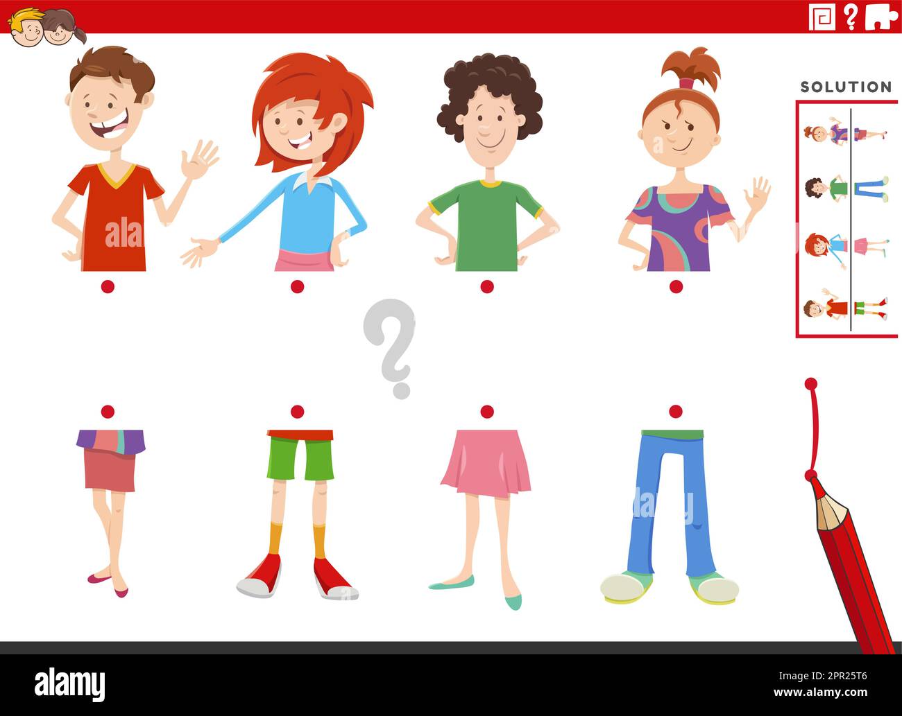 Cartoon illustration of educational game of matching halves of pictures ...