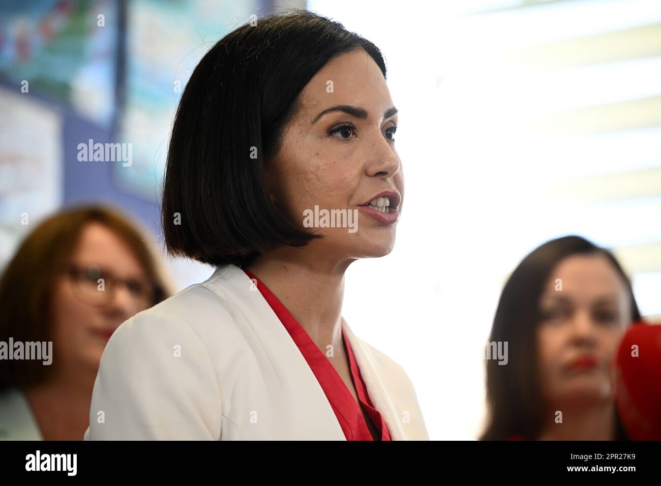 NSW Education Minister Prue Car speaks to media during a visit to ...