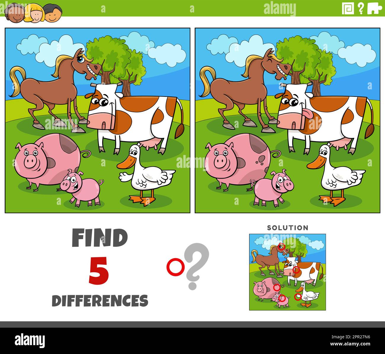 differences game with cartoon farm animals in the meadow Stock Vector ...