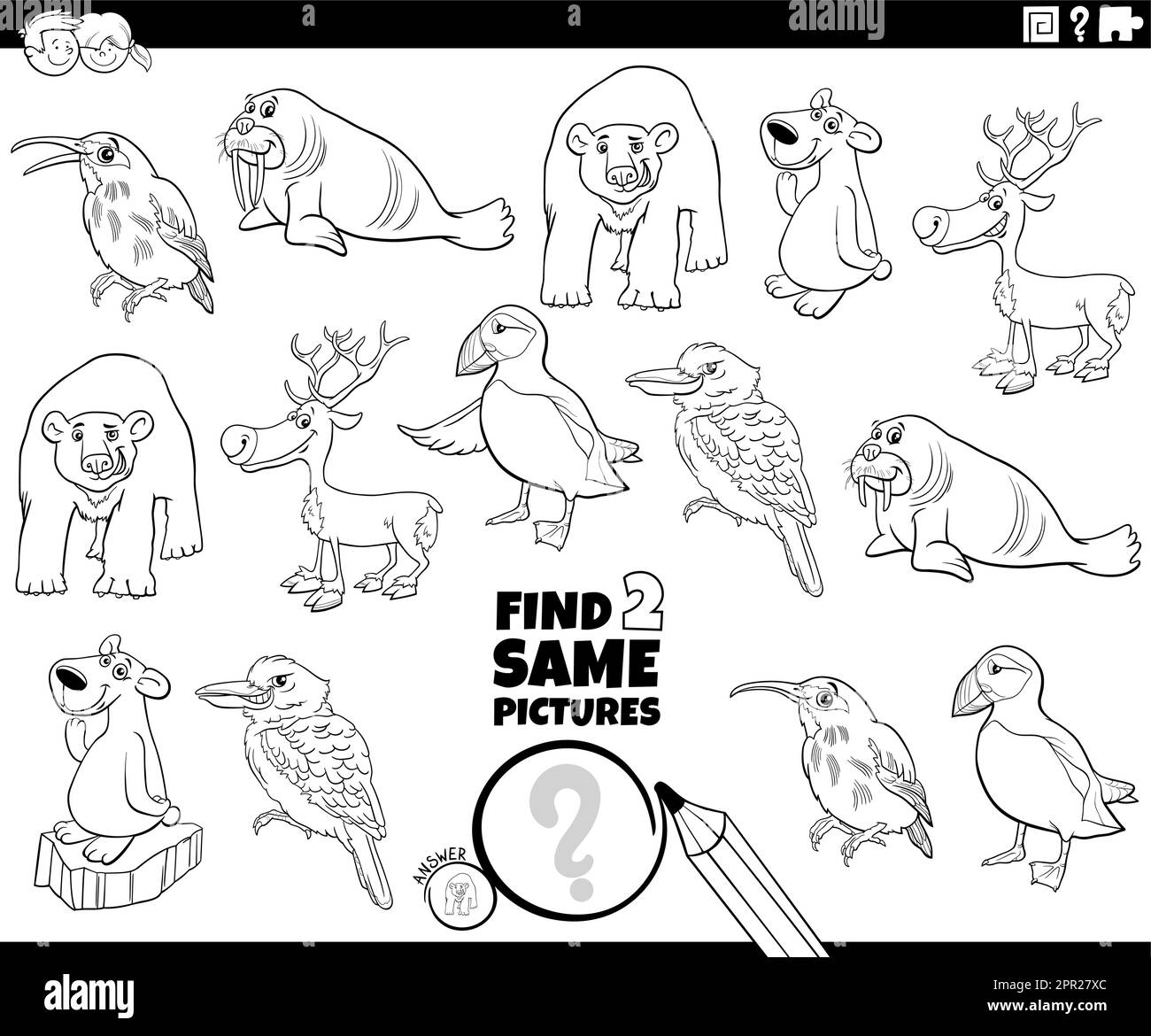 find two same animal characters task coloring page Stock Vector Image ...