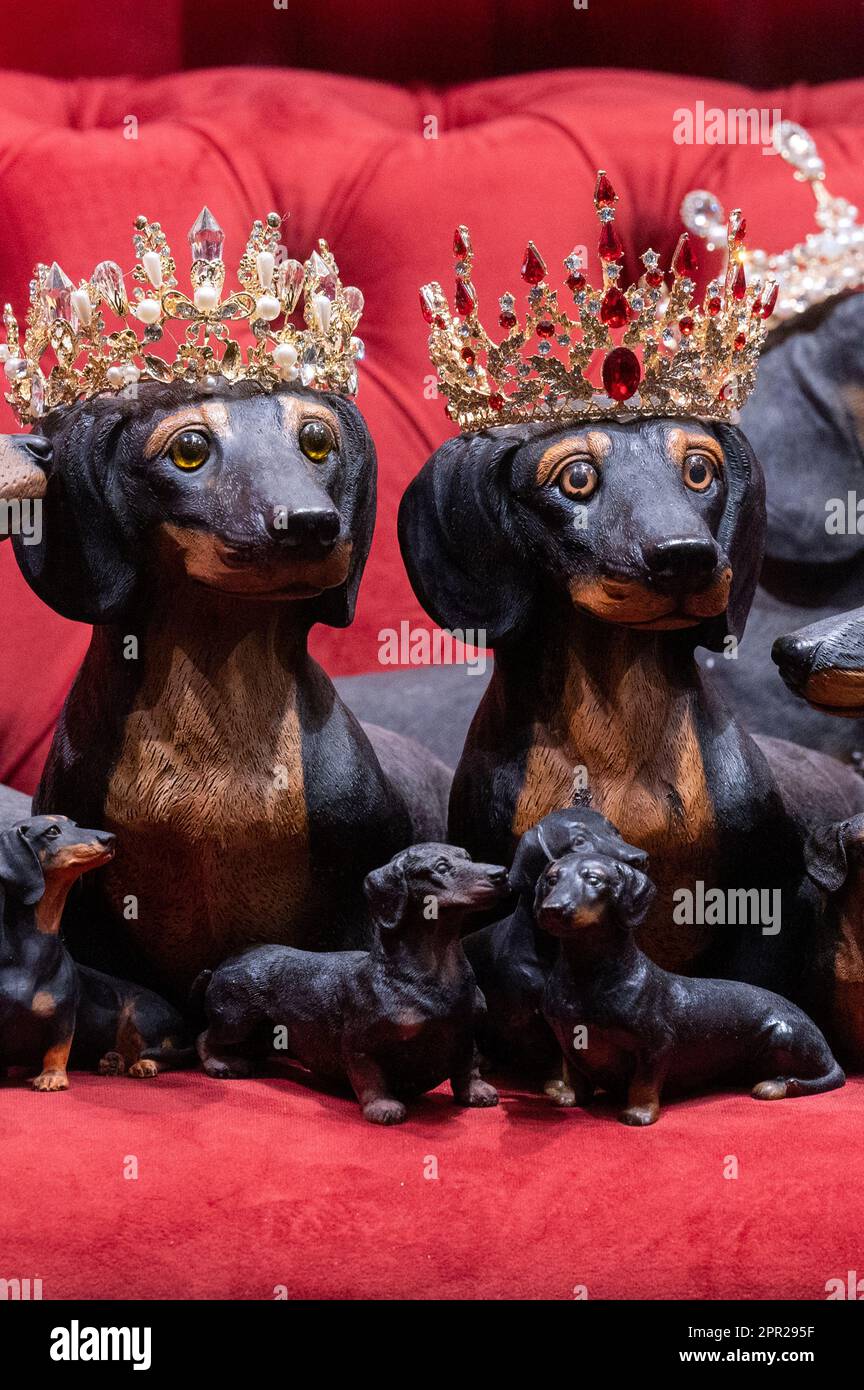 Regensburg, Germany. 24th Apr, 2023. Dachshund replicas with crowns in ...