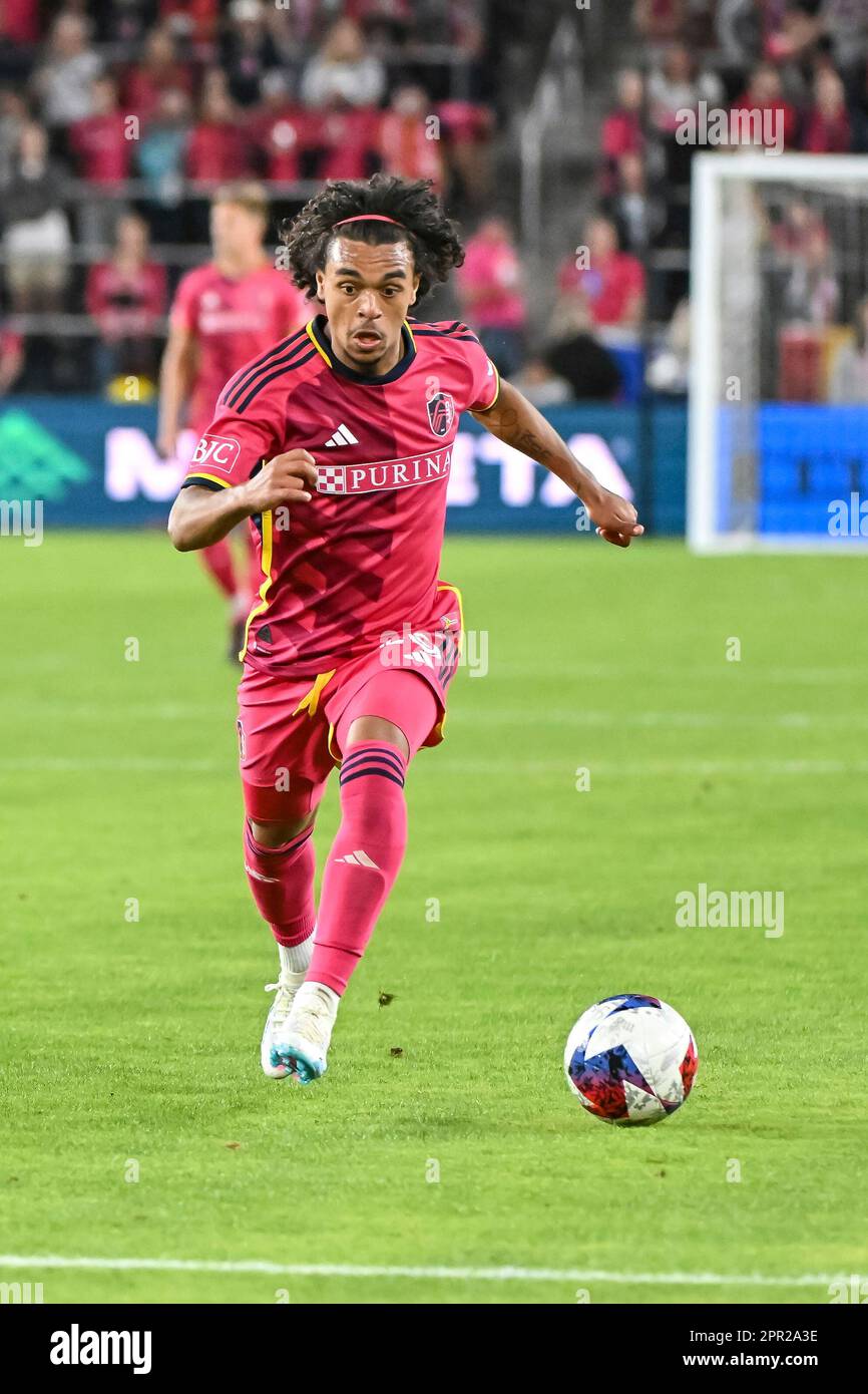 ST. LOUIS, MO - APRIL 25: St. Louis City midfielder Aziel Jackson (25 ...