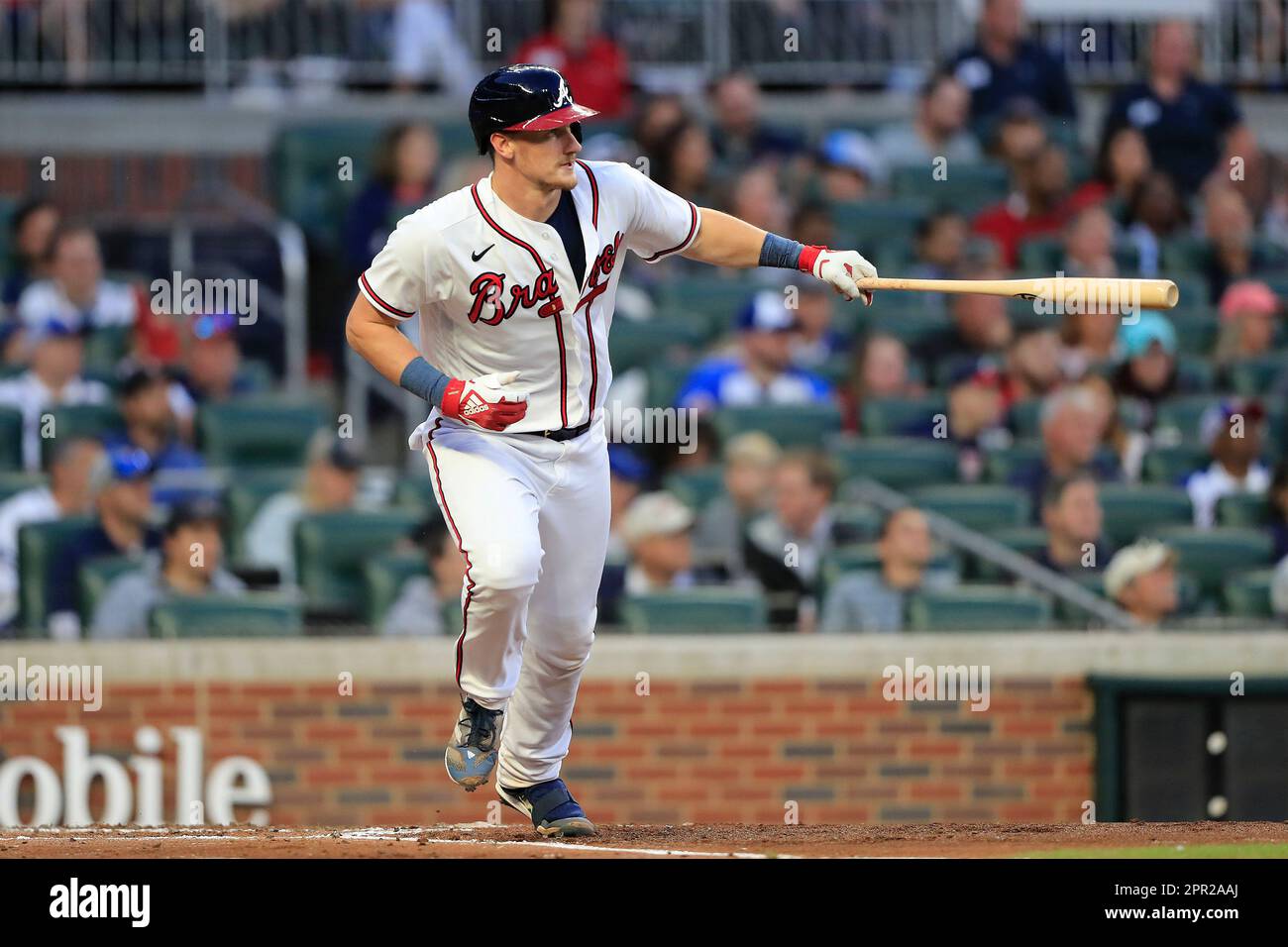 ATLANTA, GA - APRIL 25: Atlanta Braves catcher Sean Murphy (12) bloop singles to centerfield ...