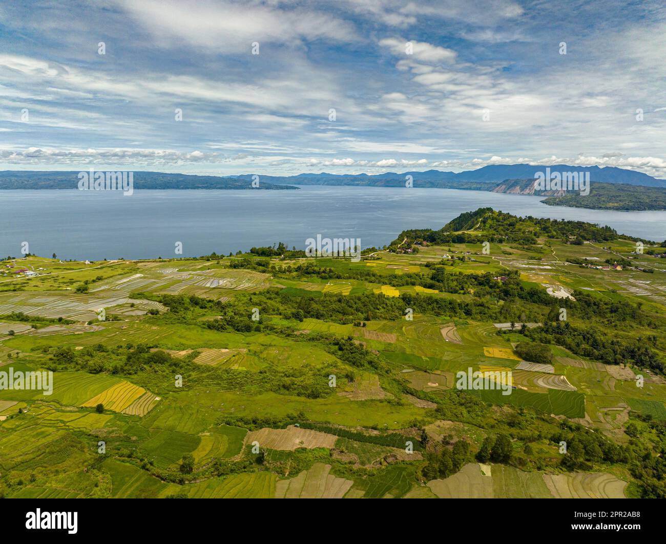 Lake Toba and farmland with rice fields in the mountains view from ...
