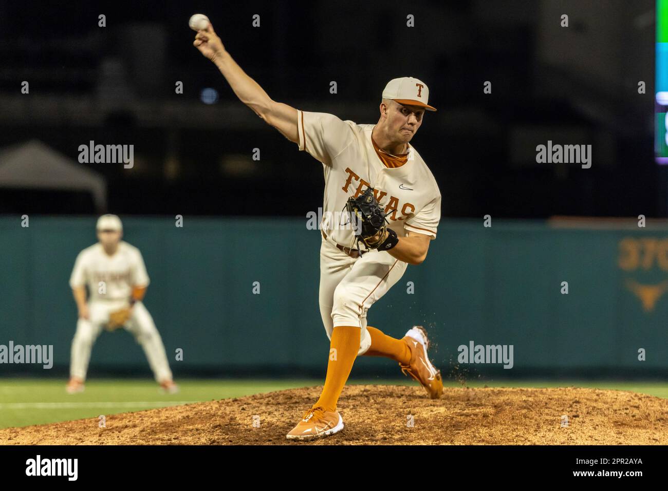 AUSTIN, TX - APRIL 25: Texas pitcher Pierce George (58) pitches the ...