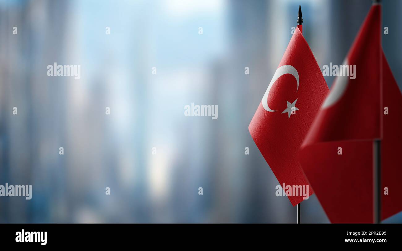 Small flags of the Turkey on an abstract blurry background Stock Photo ...