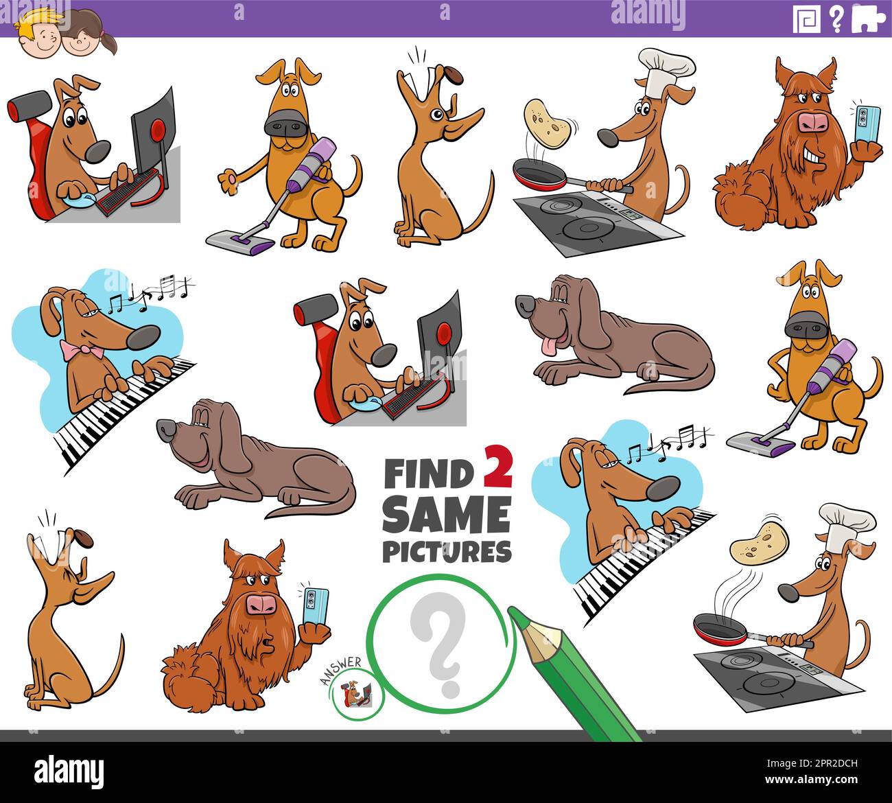 find two same cartoon dog characters educational game Stock Vector ...