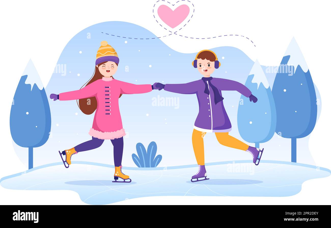 Ice Skating Hand Drawn Cartoon Flat Illustration of Winter Fun Outdoors ...