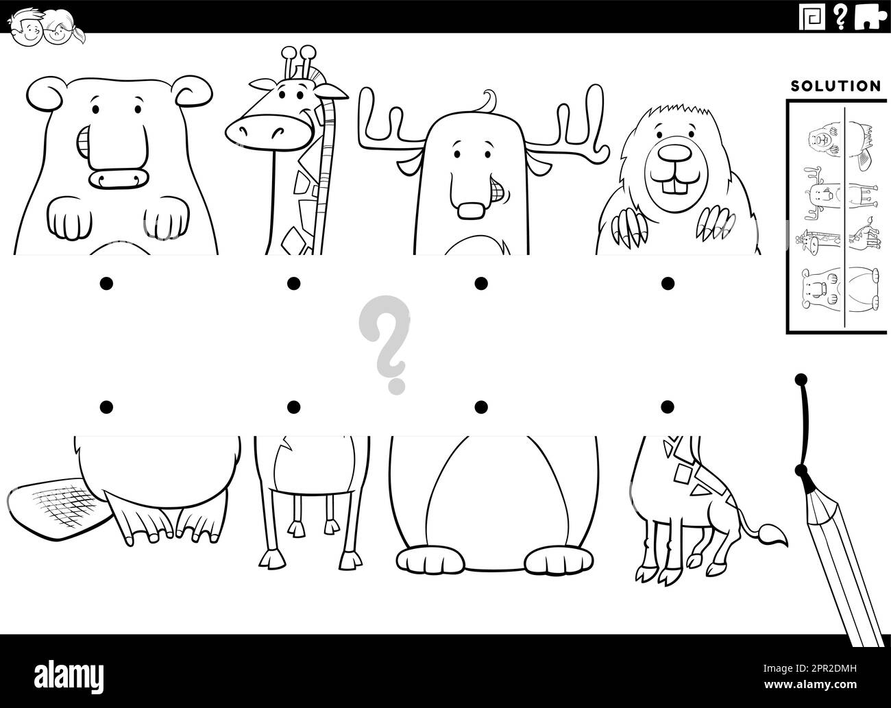 match halves of cartoon animals pictures game coloring page Stock ...
