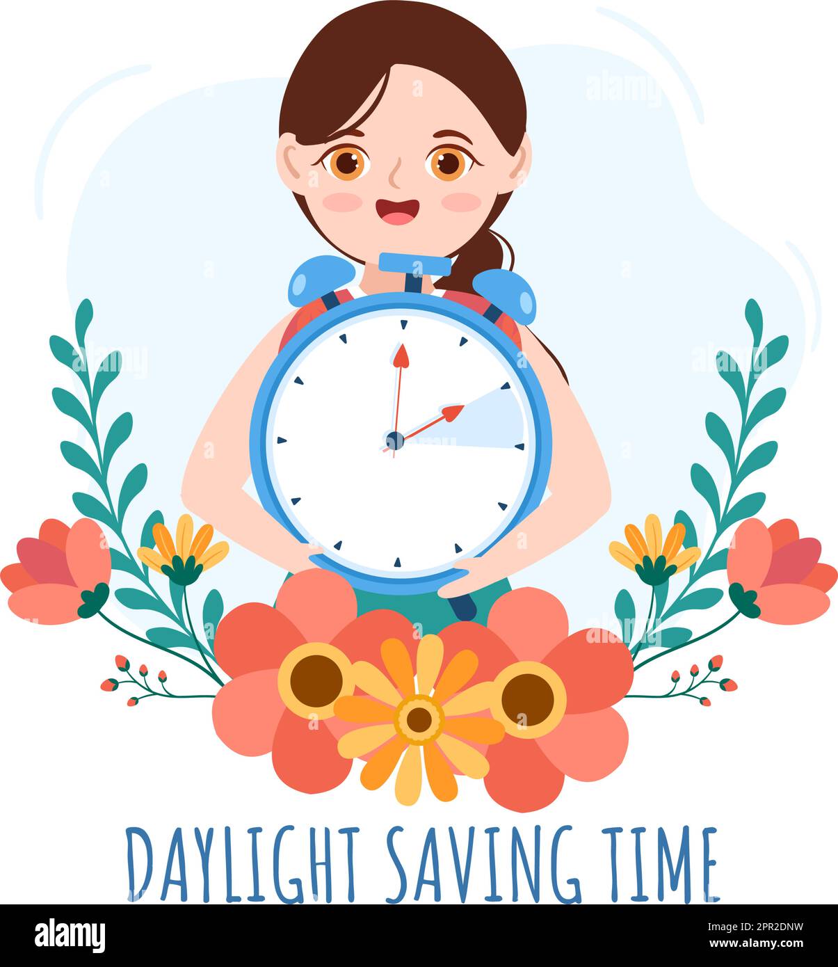 Daylight Savings Time Hand Drawn Flat Cartoon Illustration with Alarm ...