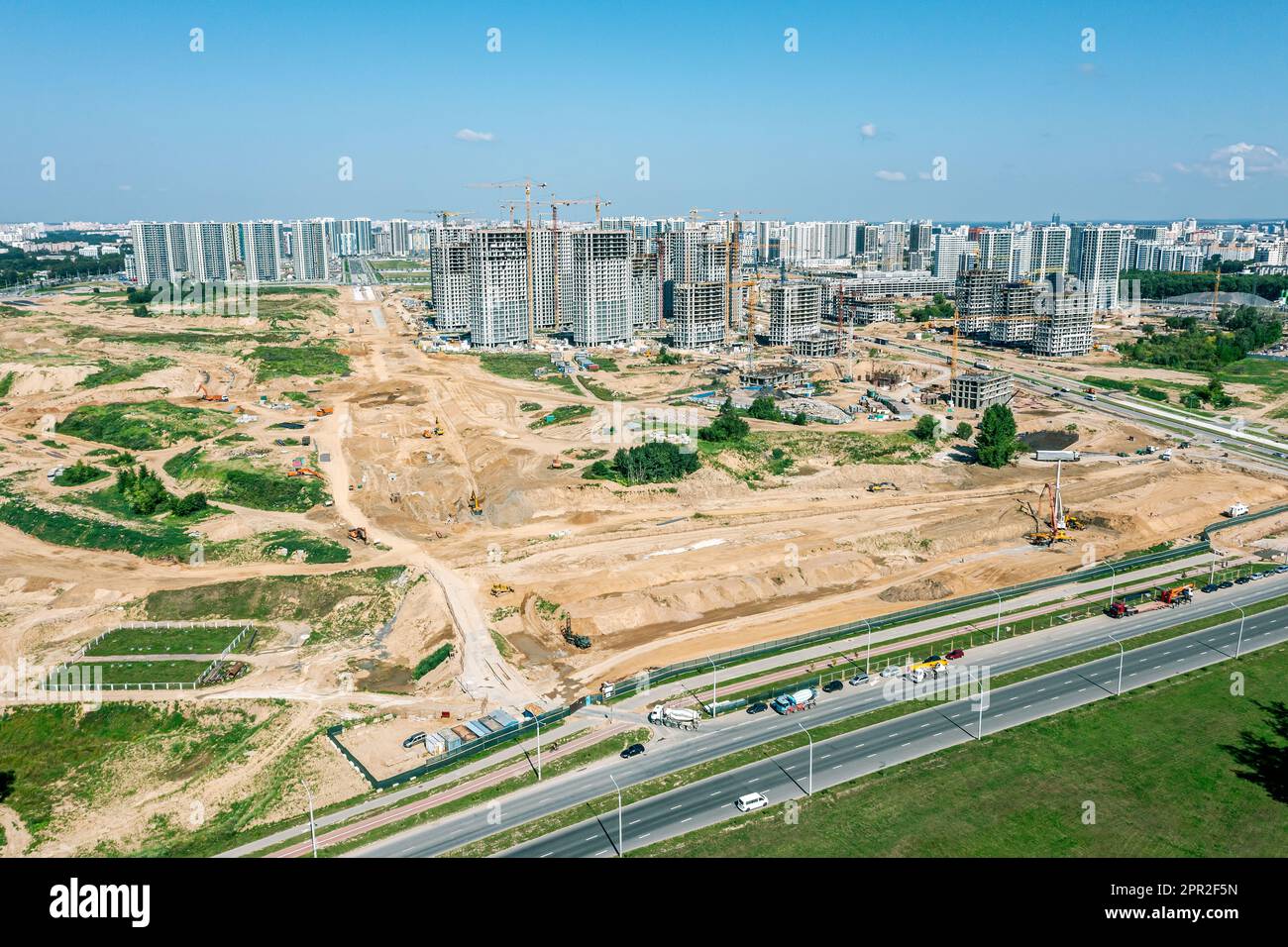 aerial panoramic view of big construction site in new urban residential ...