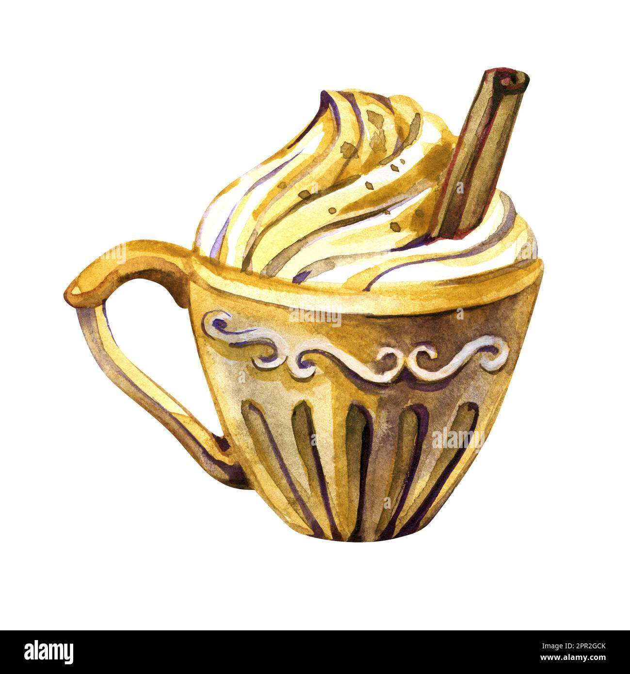 Cup of delicious hot chocolate with cinnamon and cream. Illustration ...