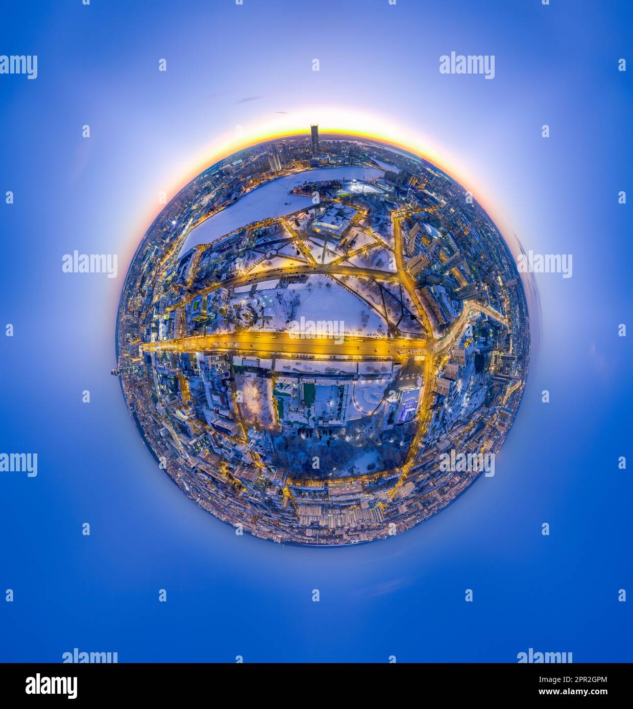 Aerial winter city view, Little planet sphere mode. Yekaterinburg city ...