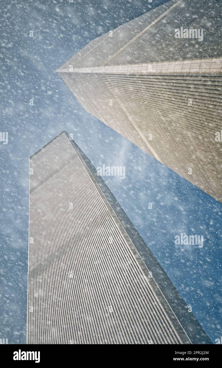 Snow falling at the Twin Towers of the World Trade Center, New York ...