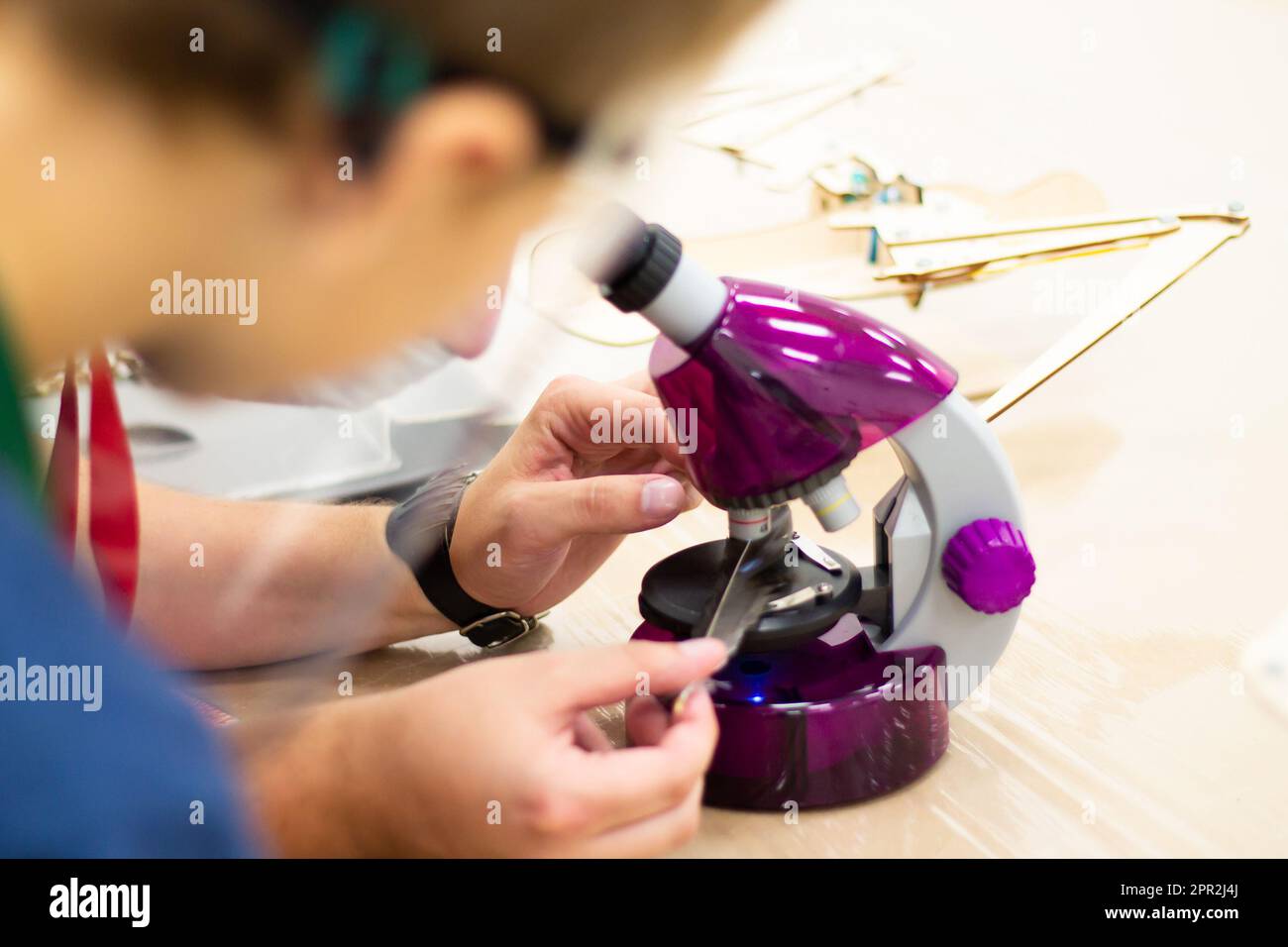 Boy looking through a purple microscope at a bird feather, at a ...