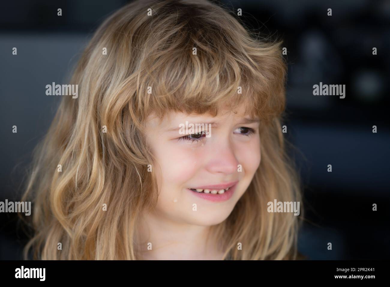 Portrait of crying kid with tears weeping emotion, hurt in pain. Tear ...