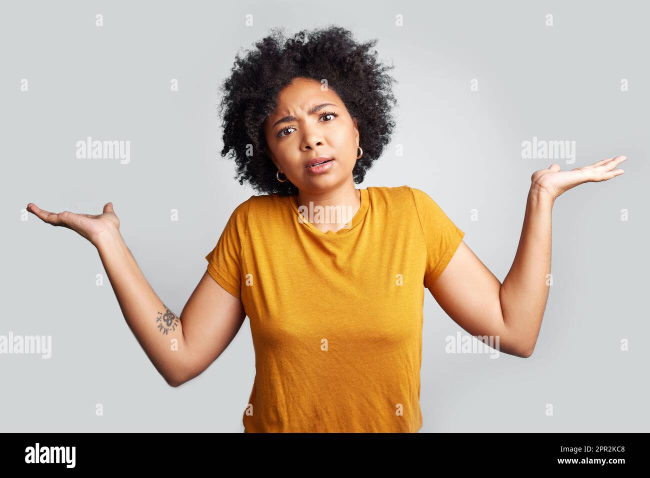 Confused, decision and portrait of African woman in studio with hand ... Confused, decision and portrait of African woman in studio with hand ...