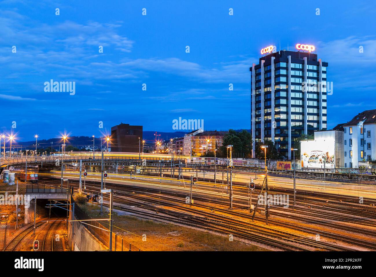 Basel, Switzerland - August 23. 2021: Basel railway station at night ...