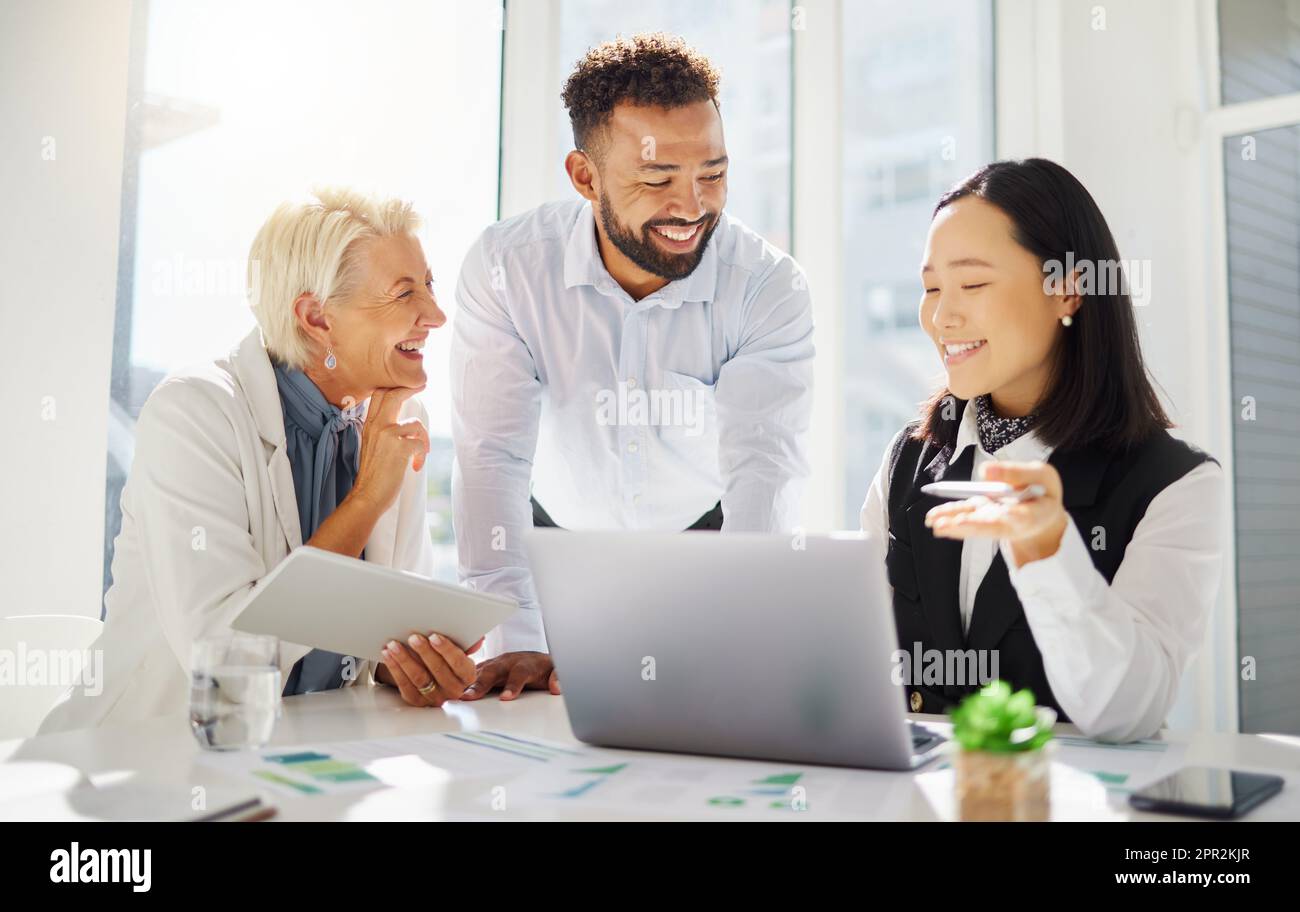 Diversity, laptop and business people laugh, happy and review online ...