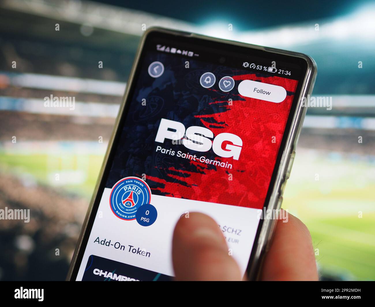 May 04th 2023. A fan of PSG looks at his team's token PSG on Socios app ...