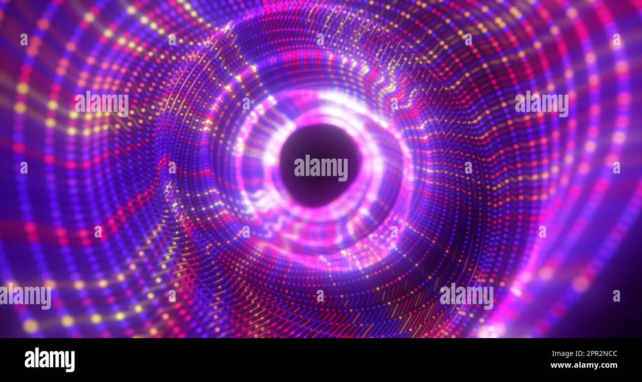 Abstract purple energy tunnel made of particles and a grid of high-tech ...