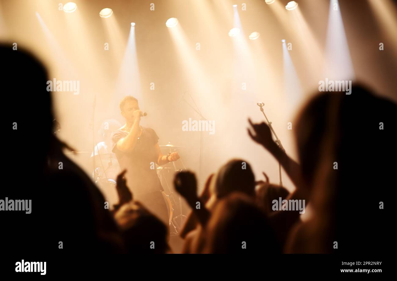 Music festival, concert or people singing at night performance for gen ...