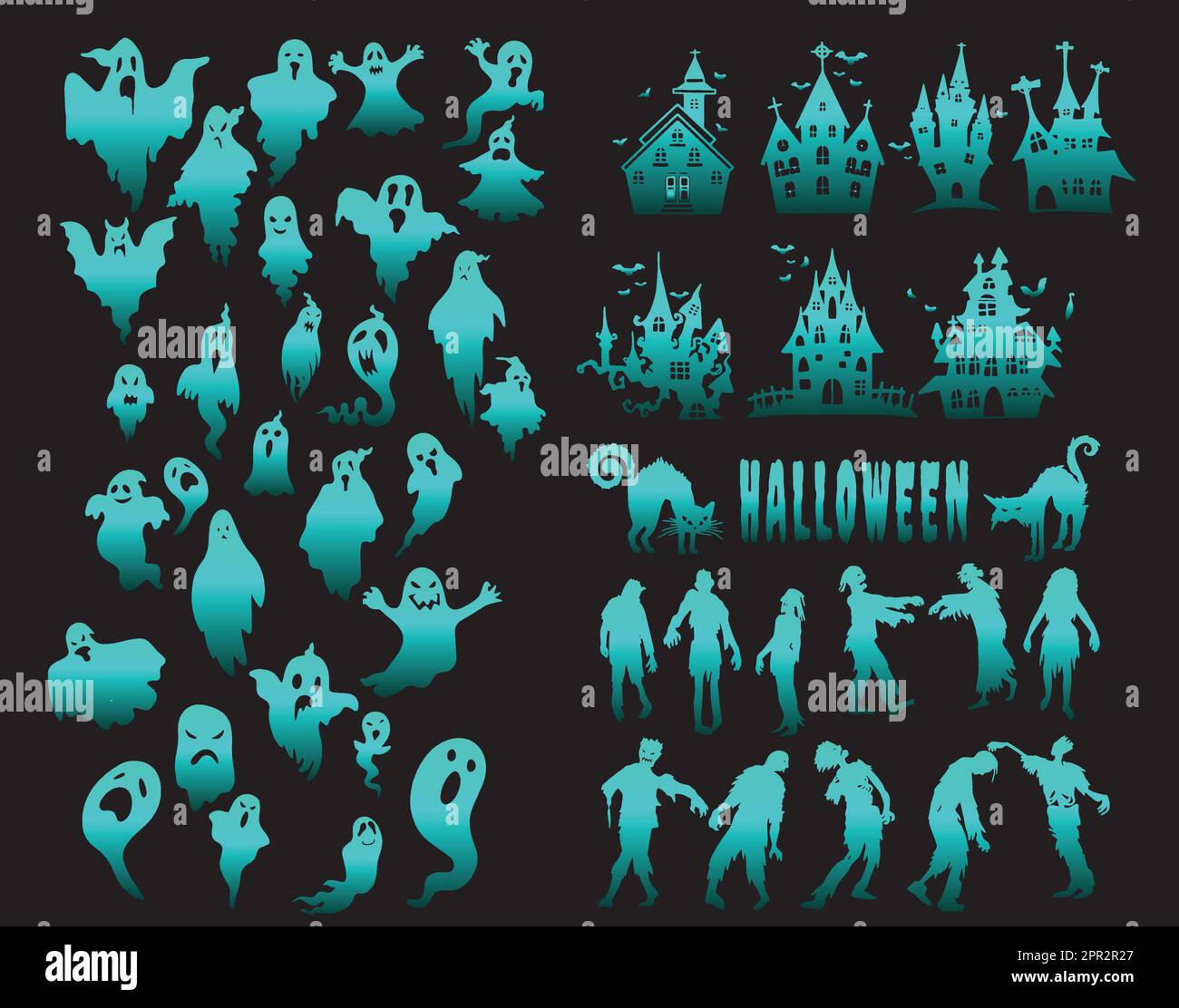 Spooky evil witch, creepy grave coffin and wizard silhouette Stock ...