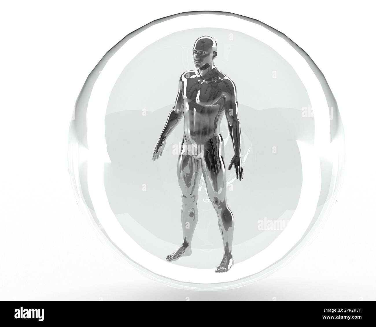 3D illustration of a male silver body on a white background. Metal ...