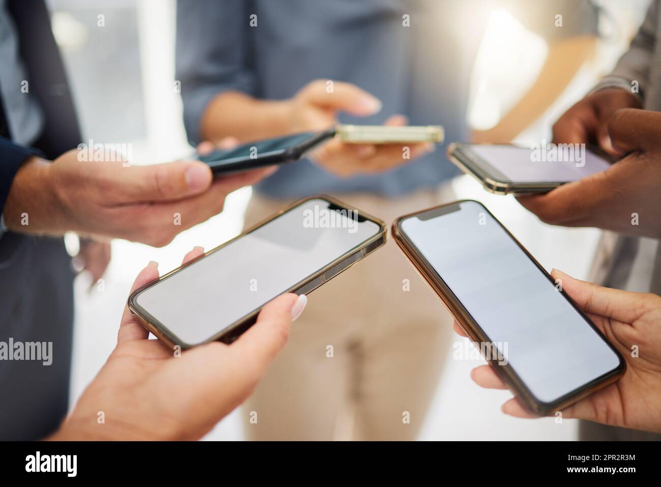 Group, business people and blank phone screen for mockup space, mobile ...