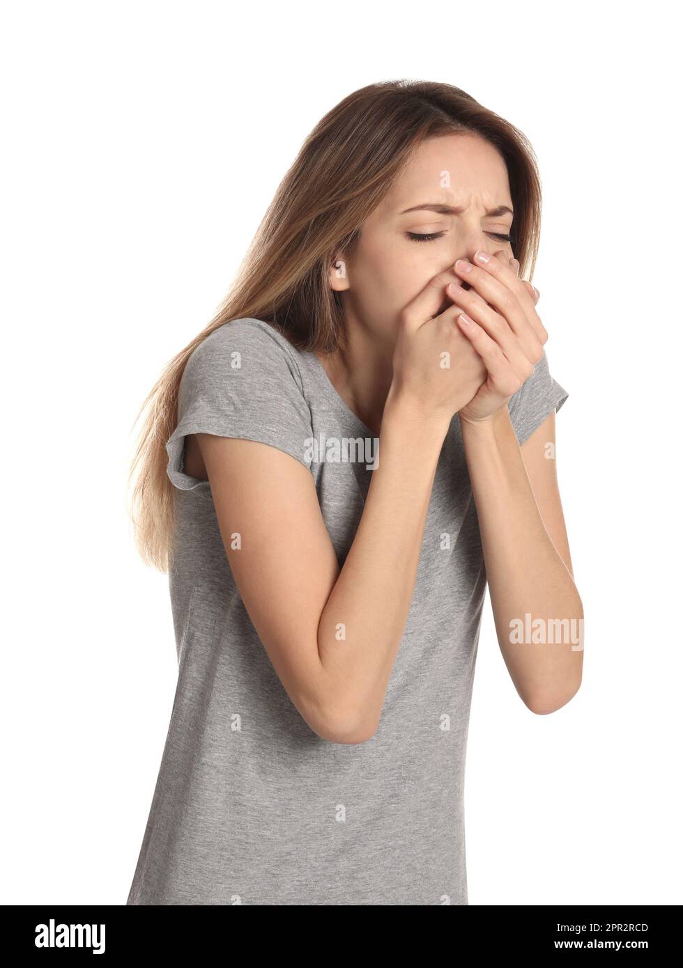 Woman suffering from nausea on white background. Food poisoning Stock ...