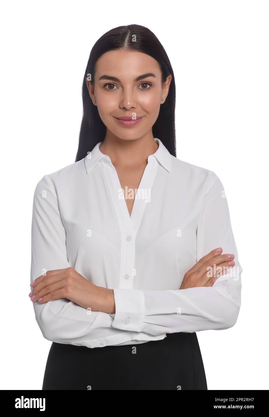 Portrait of hostess in uniform on white background Stock Photo - Alamy