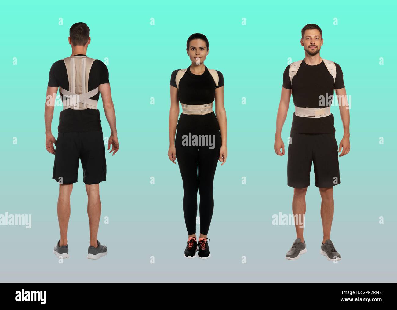 Collage with photos of people with orthopedic corsets on color ...