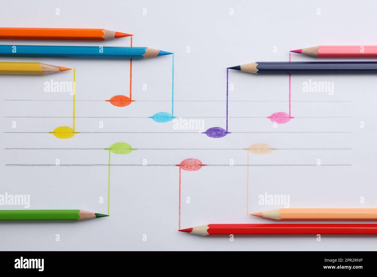Drawing of musical notes and colorful pencils on white background, top ...