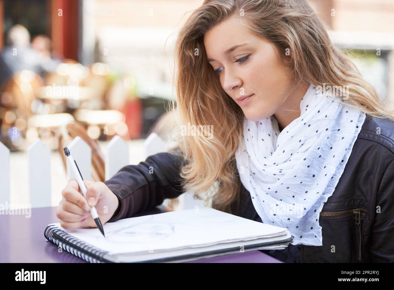 Drawing, art or woman with a notebook on campus for school creativity ...