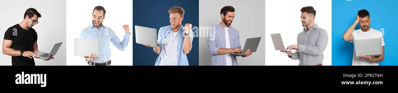 Collage with photos of men holding modern laptops on different color ...