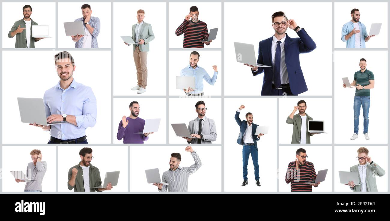 Collage with photos of men holding modern laptops on white background. Banner design Stock Photo ...