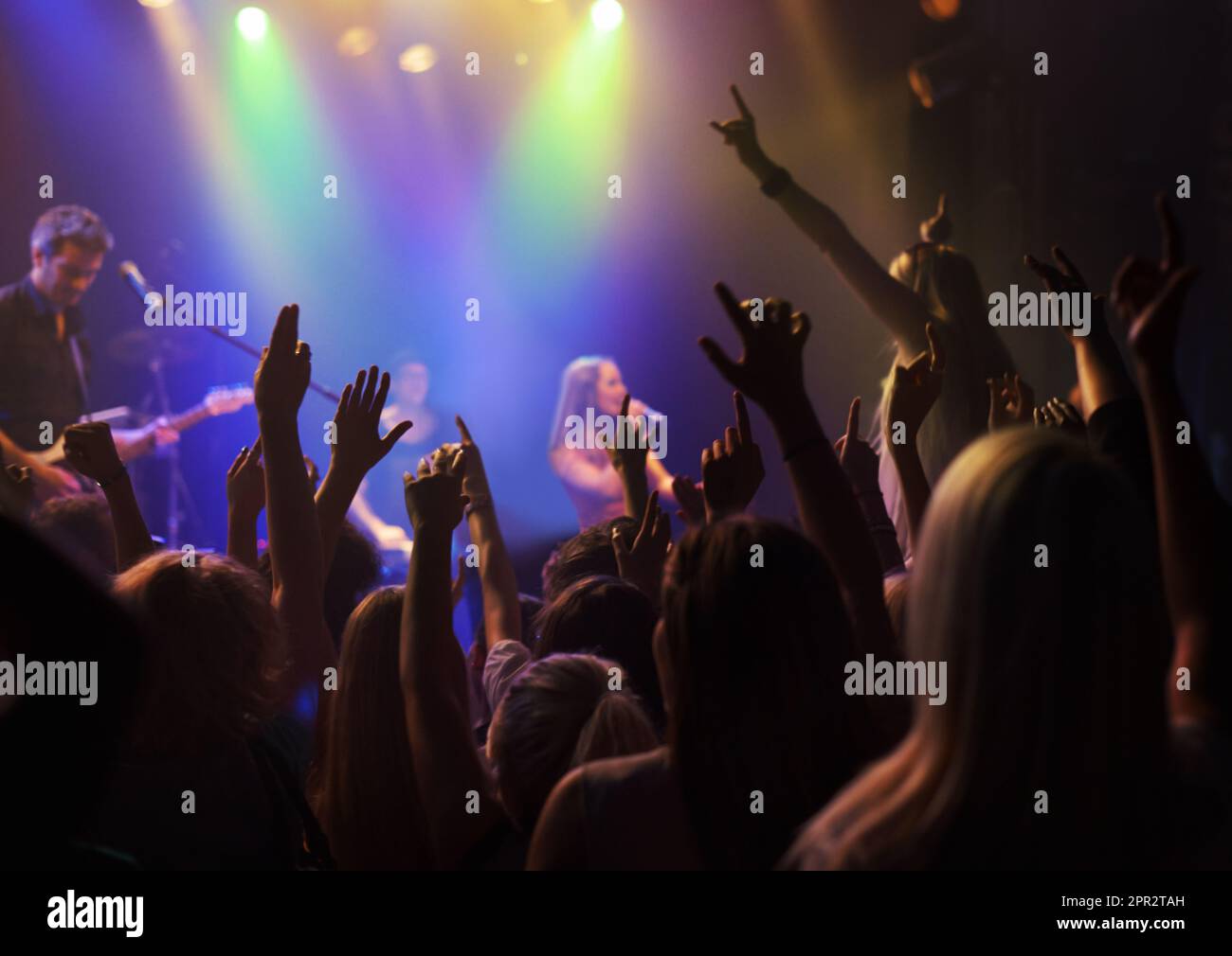 Stage, lights and fans at rock concert or music festival, neon light ...