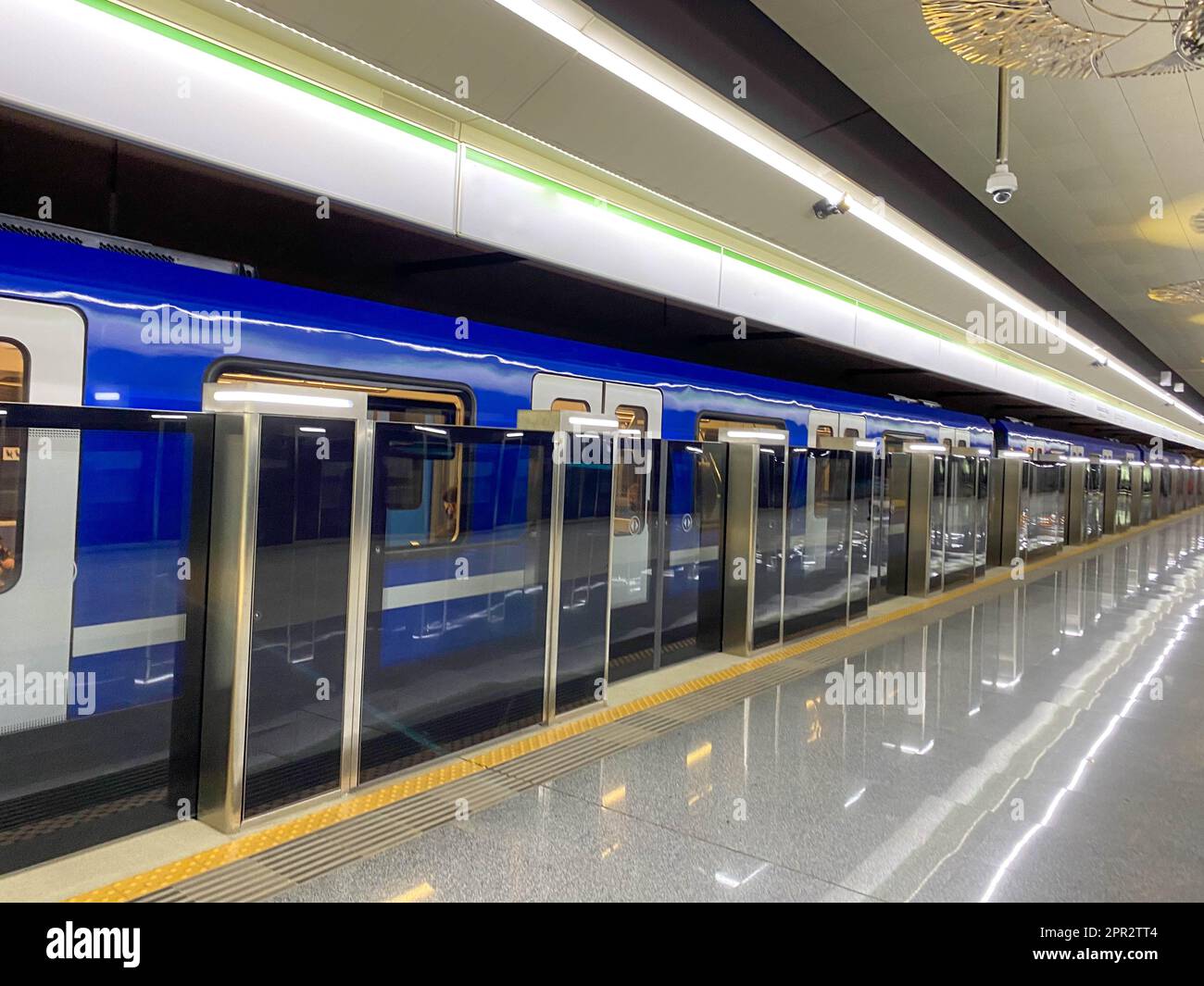 New blue modern subway train high speed fast safe in the big city on ...