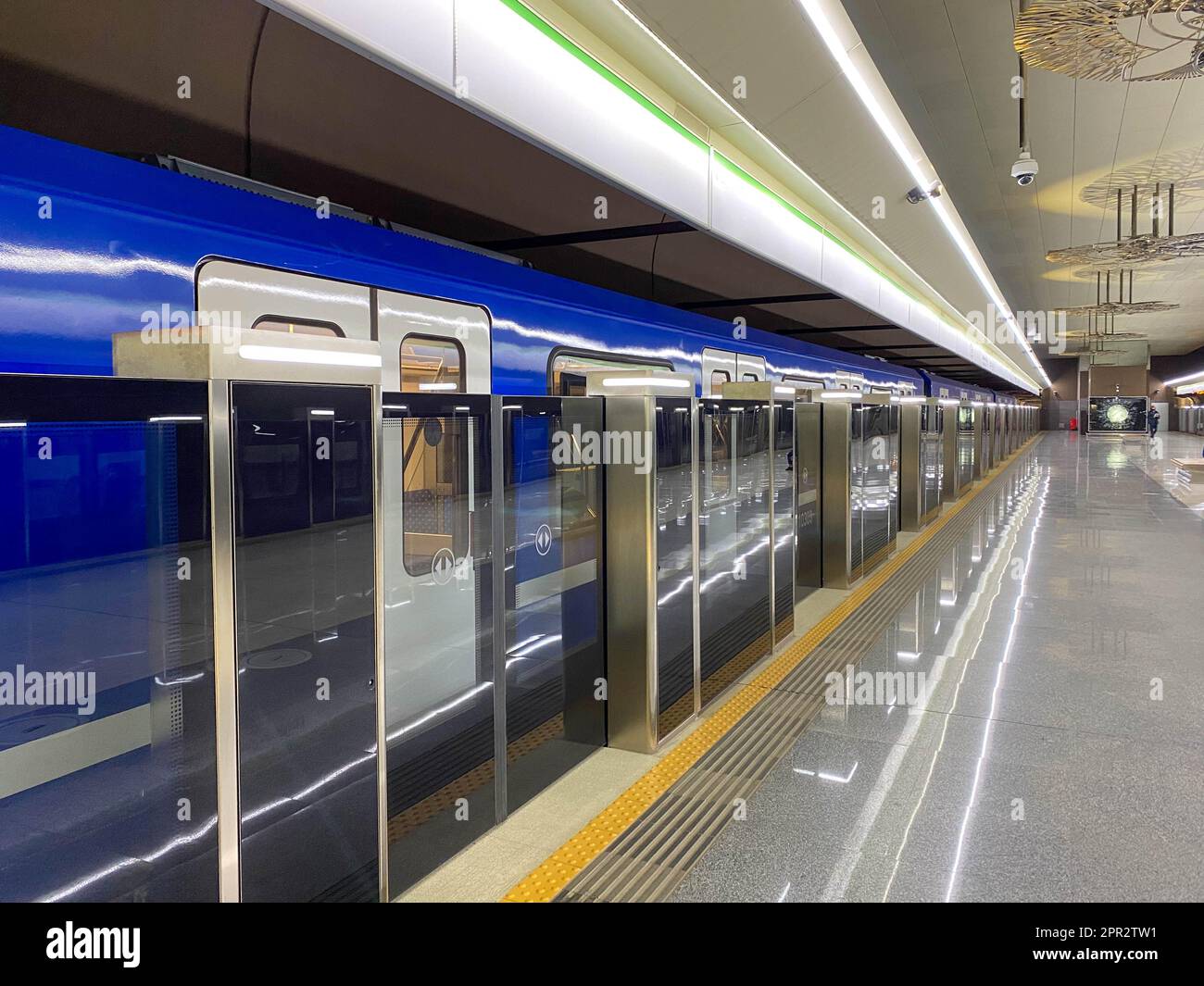 New blue modern subway train high speed fast safe in the big city on ...