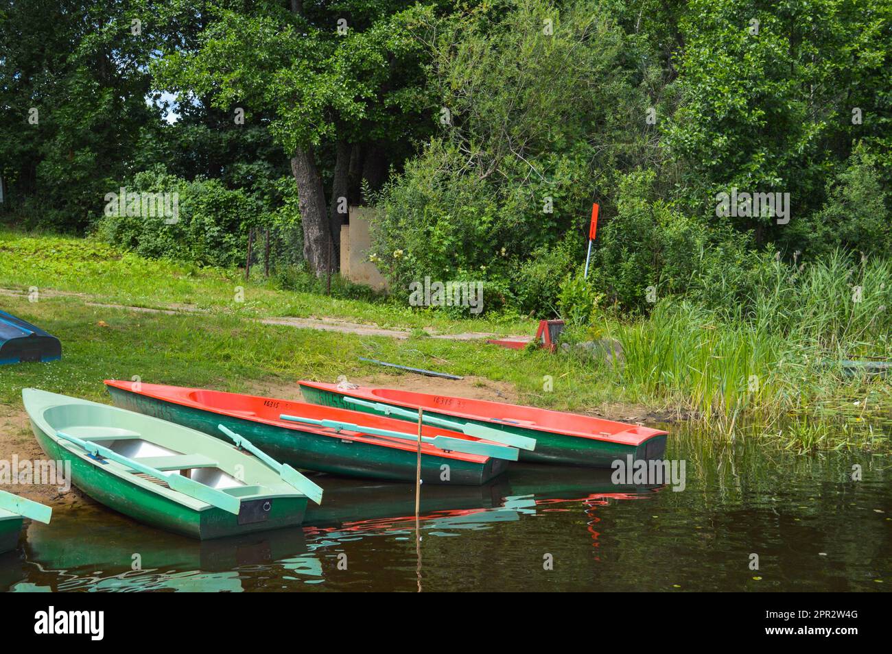 Beautiful wooden multicolored boats with oars on the beach for walks ...