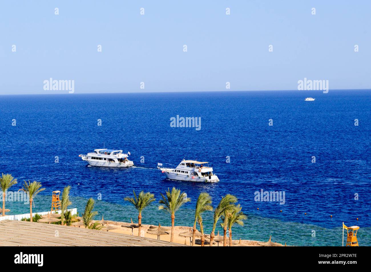 Two beautiful luxurious white big yachts sail on the blue salt sea ...