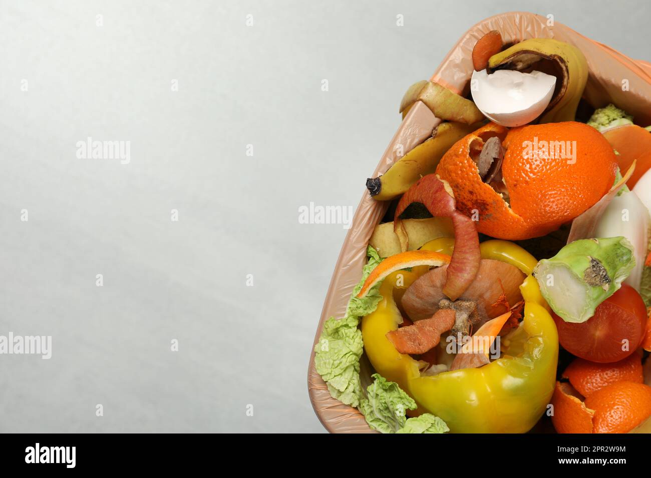 Natural garbage in trash bin on light background, top view with space ...