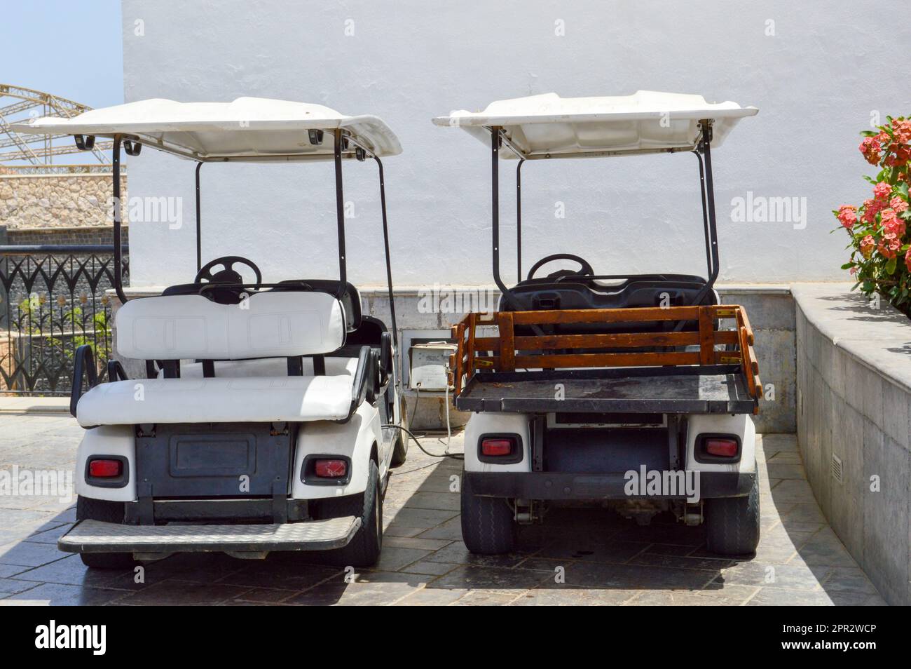 White electric golf cars are parked in small electric vehicles with ...