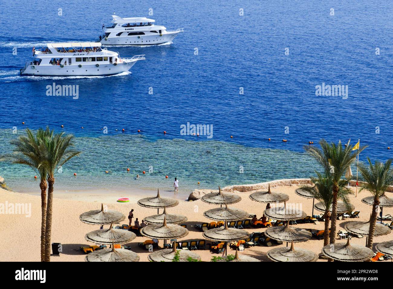 Top view of a sandy beach with sunbeds and sun umbrellas and two large ...