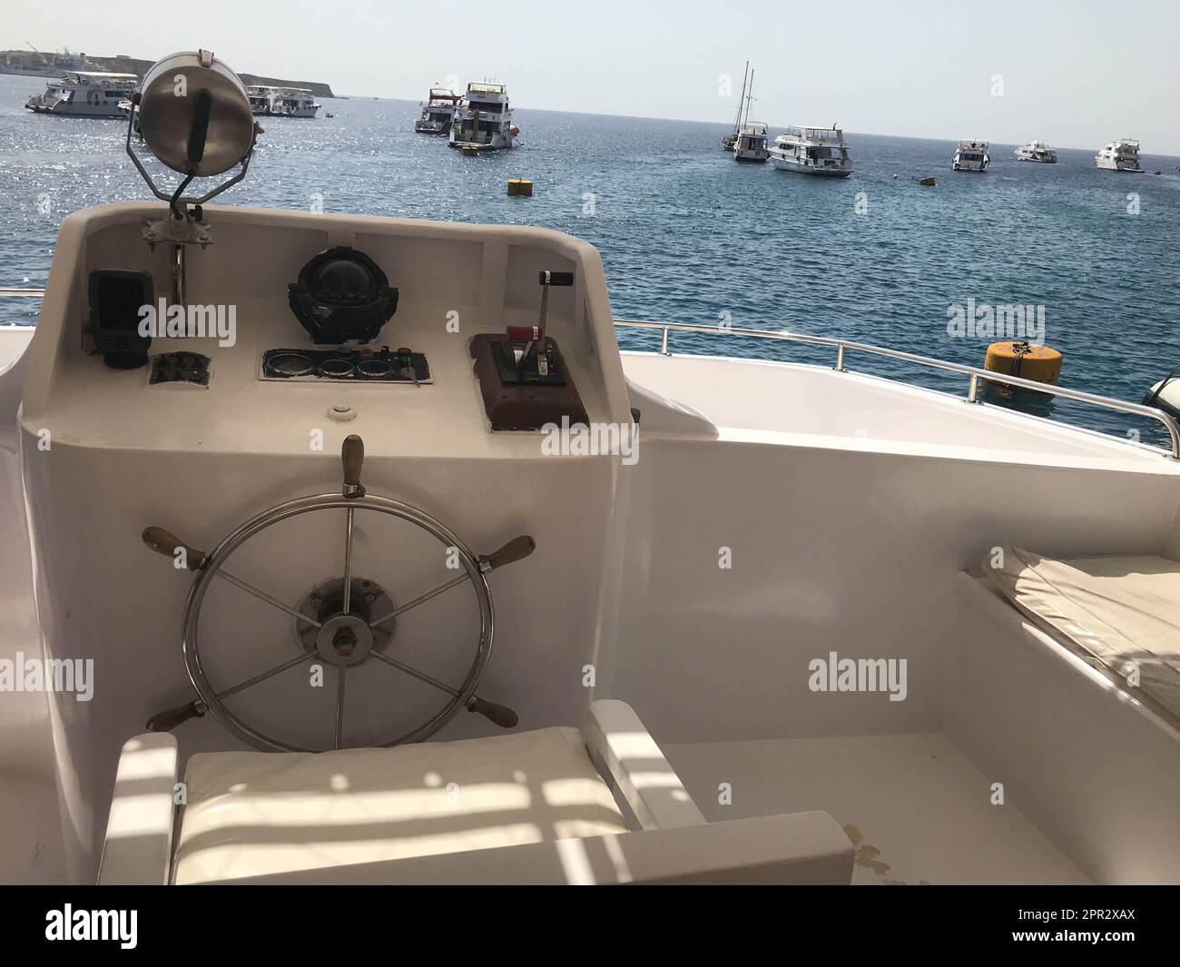 Captain's cabin on a ship, boat, cruise liner with a steering wheel ...